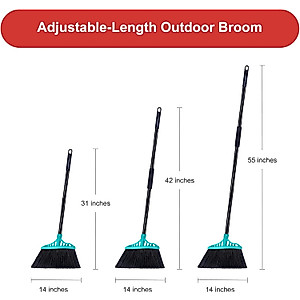 Tiumso Heavy Duty Broom, Outdoor Brooms, Commercial Broom for Sweeping Indoor, Kitchen Broom with 55" Long Handle, Angle Brooms for Patio Kitchen Shop Sidewalk - Blue