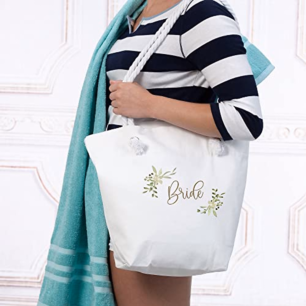 Lillian Rose Watercolor Botanical Bride Wedding Tote Bag, One Size, Natural White