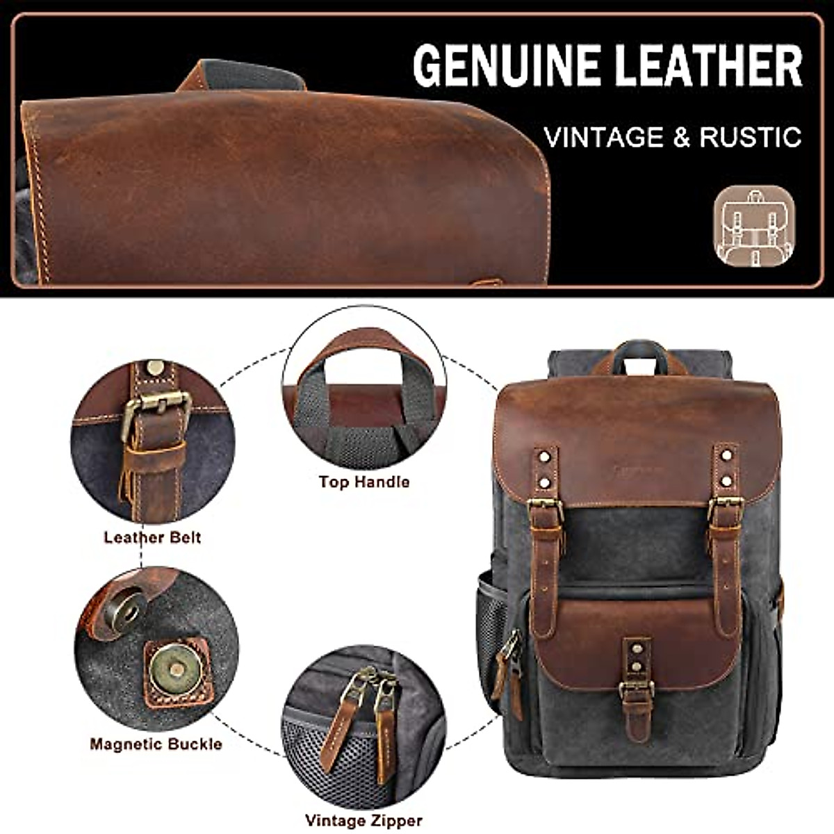 Endurax Leather Camera Backpack for Photographers, DSLR Backpack Bag with Laptop Compartment & Tripod Holder, Waterproof Canvas