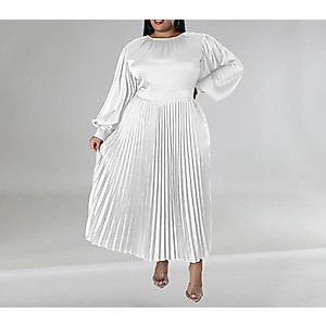 KELYWELL Plus Size Pleated Maxi Dress for Women's 2023 Fall Lantern Long Sleeve Flowy Swing Pleated Maxi Dress Clubwear (White,Large)