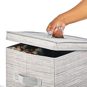 mDesign Tall Gift-Wrapping Paper Storage Box with Handles, Holder for Christmas and Holiday Organizer Container - Removable Lid for Rolls of Wrap, Inside Closet Storage Totes, Stripe, Taupe/Tan