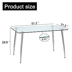 Glass Dining Table for 4 with 51 inch Clear Rectangular Glass Top, 0.31" Modern Tempered Glass Kitchen Table Furniture with 4 Silver Plating Metal Legs for Home Office Living Room