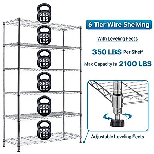 6 Tier Wire Shelving Unit Metal Storage Shelves w/Wheels, 350 Capacity Per Shelf, Heavy Duty Steel Garage Shelf, 48" L X 18" W X 82" H Pantry Kitchen Closet Racks