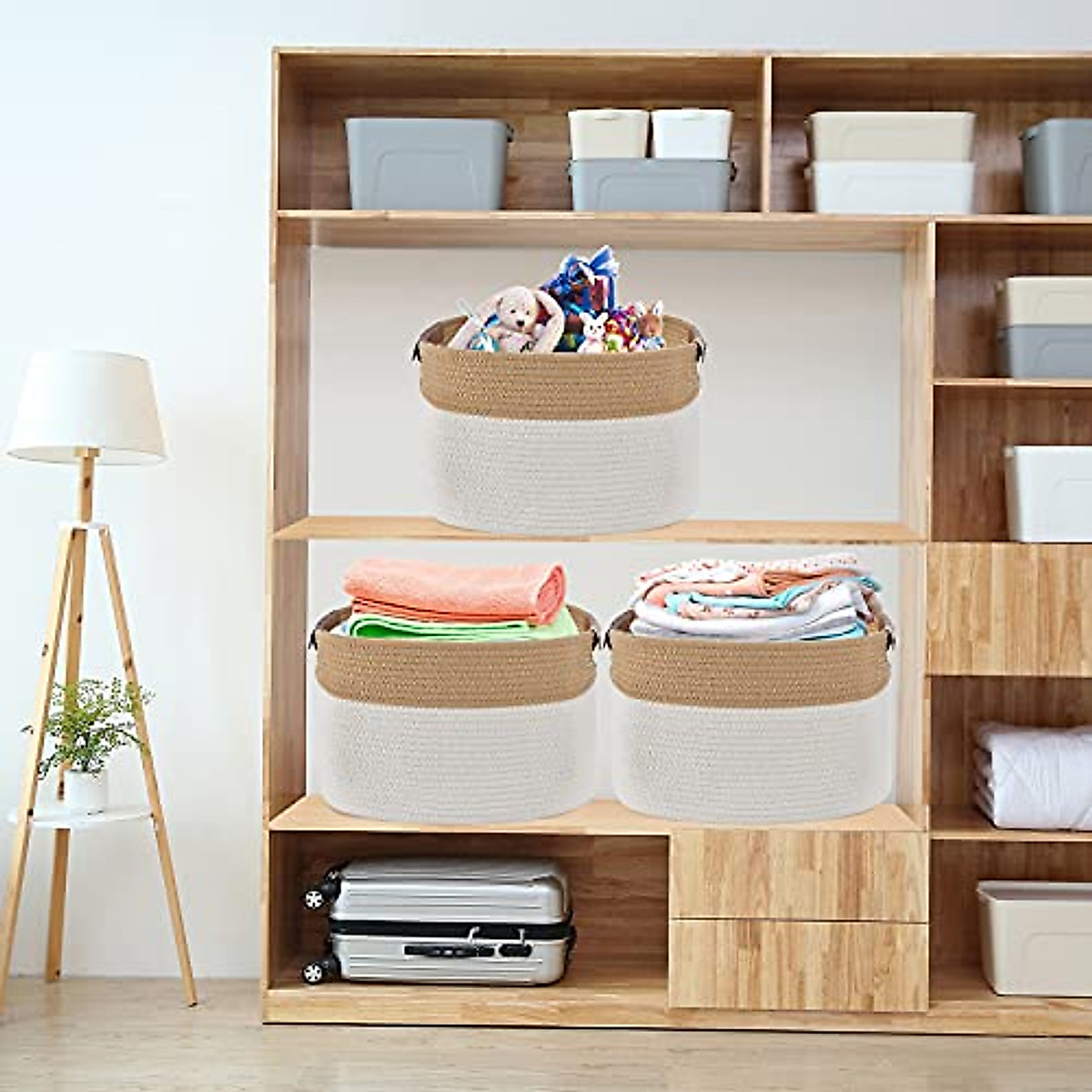 Cotton Rope Basket, Decorative Woven Basket With Leather Handles, Rectangle Storage Basket For Clothes, Toys, Makeup, Books, Towels, Sundries 15.3×10×9.4 inches(3-Pack, Brown&White)