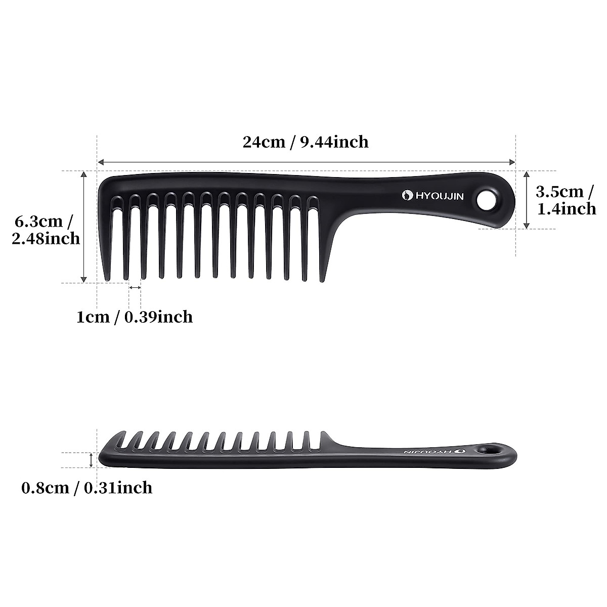 HYOUJIN Black Large Wide Tooth Comb Detangler Detangling Paddle Brush, Care Handgrip Comb-Best Styling Comb for Curly,Wet,Long Hair