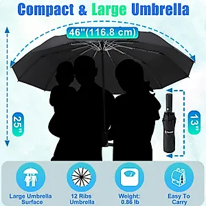 GAOYAING 46 Inch Large Automatic Travel Umbrella, 12 Ribs Windproof Design, Heavy Duty Strong 210T Pongee Fabric Folding Umbrella with Sleeve, Black