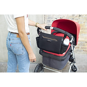 Black Travel Stroller Organizer and Hanging Diaper Bag by Storksak | Universal Fit, Large Storage Capacity, Baby Caddy with Elastic Cup Holder and Integrated Accessories
