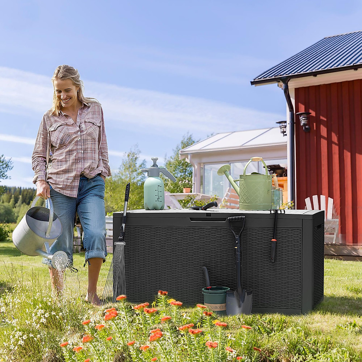 Flamaker 100 Gallon Large Deck Box Waterproof Resin Outdoor Storage for Patio Furniture, Garden Tools, Pool Accessories and Toys (Black)