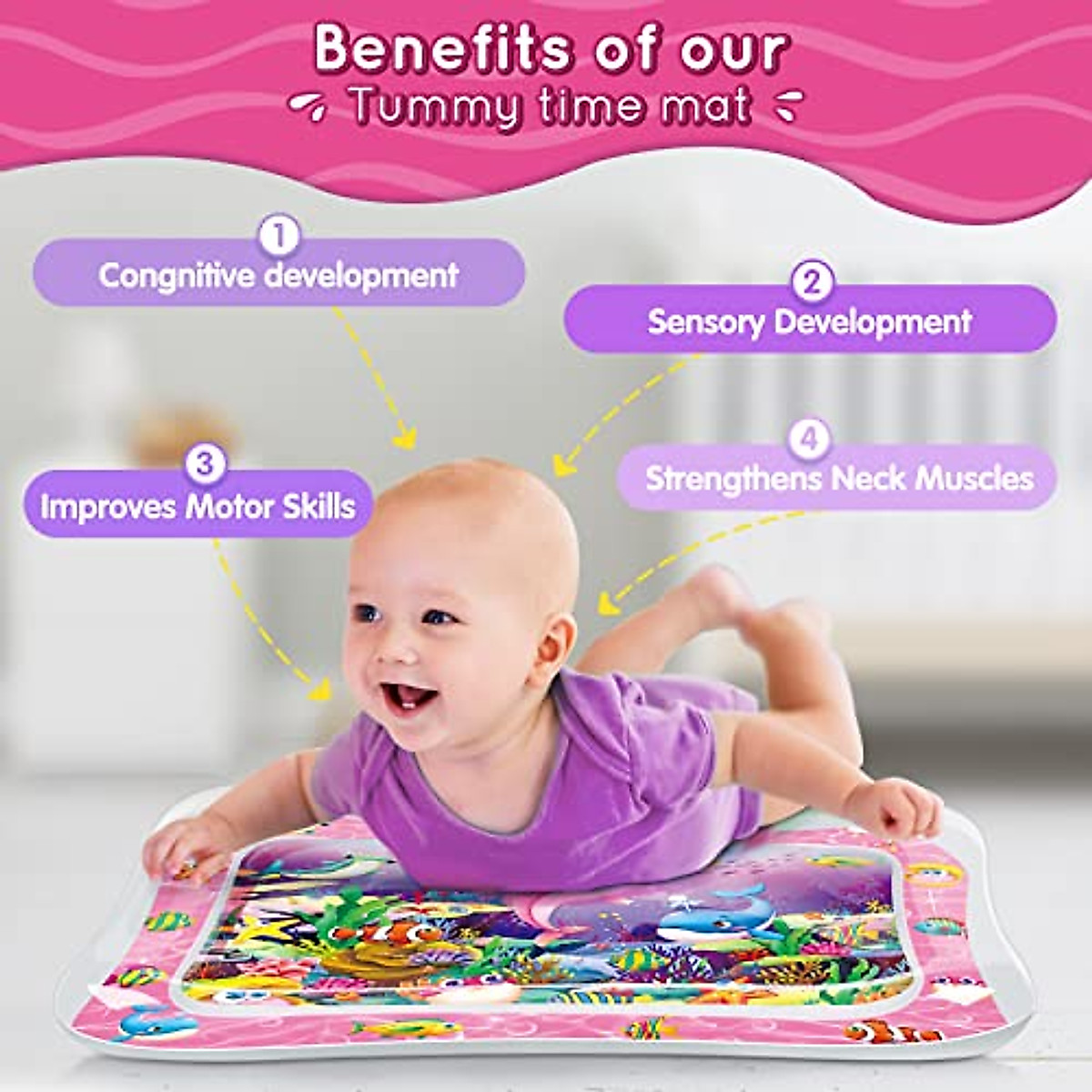 Infinno Tummy Time Water Mat for Babies, Baby Toys for 3 6 9 Months Girls and Boys Sensory Development, Pink Dolphin Style and Yellow Octopus Style