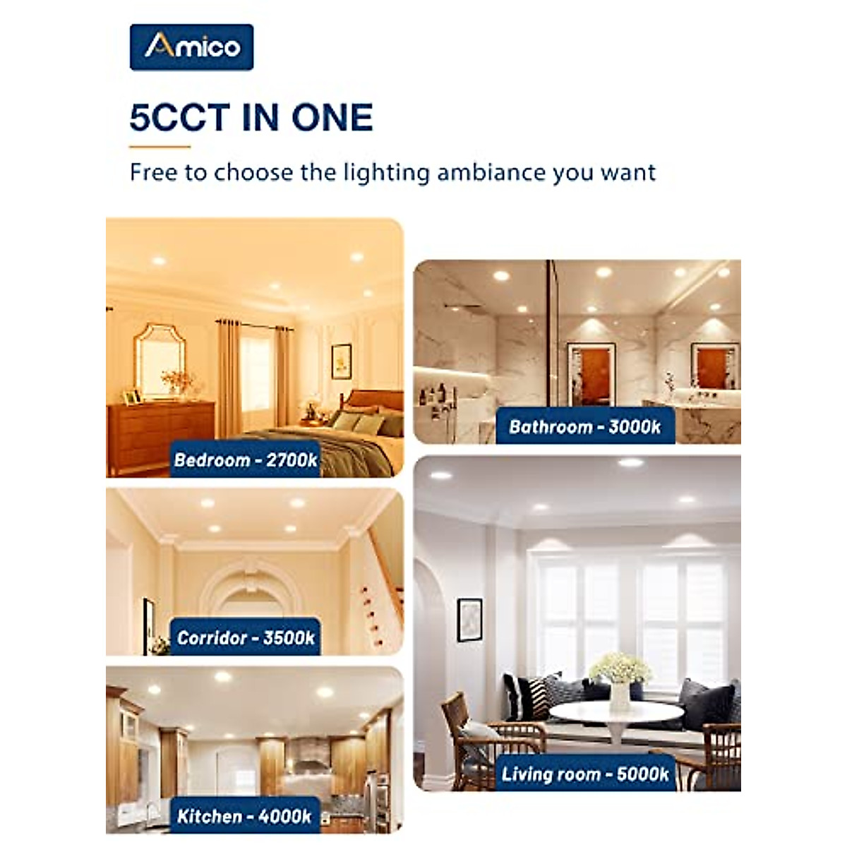 Amico 20 Pack 6 Inch 5CCT Ultra-Thin LED Recessed Ceiling Light with Junction Box, 2700K/3000K/3500K/4000K/5000K Selectable, 12W Eqv 110W, Dimmable Can-Killer Downlight, 1050LM High Brightness - ETL