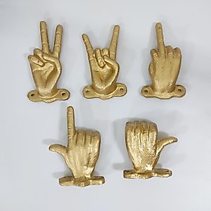 AYZCORP Set of 5 Hand Gesture Decorative Wall Hooks, 4 Inches High-Peace Sign-Rock On-Fun Finger-Thumbs up & Pointing Finger Gestures. Unique Stylish Key or Towel Hangers (Gold)