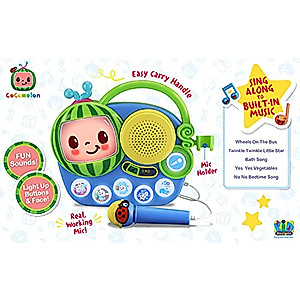 eKids Auxiliary Cocomelon Toy Singalong Boombox with Microphone for Toddlers, Built-in Music and Flashing Lights, Fans of Cocomelon Gifts