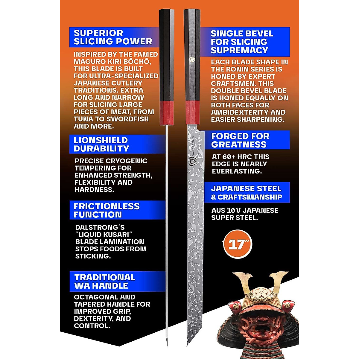 Dalstrong Slicing Tuna Knife - 17 inch Single Bevel Blade - RONIN Series - Japanese AUS-10V Damascus Kitchen Knife - Razor Sharp - Slicer - Red Rosewood Handle - w/Sheath