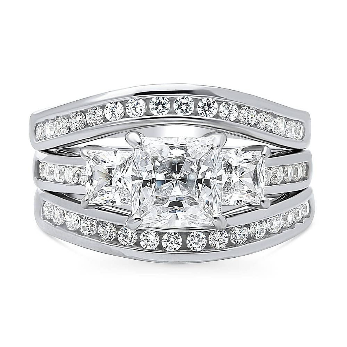 BERRICLE Sterling Silver 3-Stone Wedding Engagement Rings Princess Cut Cubic Zirconia CZ Ring Set for Women, Rhodium Plated Size 7