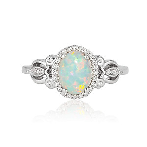 Jewelili Enchanted Disney Fine Jewelry Sterling Silver 8X6 MM Created Opal and 1/10 Cttw Natural White Round Diamond Cinderella Ring, Size 9