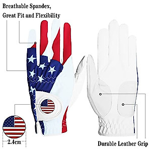 Golf Gloves Men Right Handed Golfer Left Hand with Ball Marker 2 Pack Leather Breathable Comfortable Weathersof Grip Size Small Medium ML Large XL (White&USA Flag, Large(Worn on Left Hand))