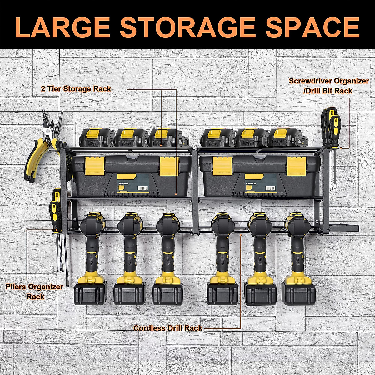 Tuenort Power Tool Organizer with 6 Drill Holders,Garage Tool Organizers and Storage Rack, Power Tool Holder Wall Mounted,Heavy Duty Metal Tool Shelf,Separate Tool Rack Christmas Gift for Men Dad