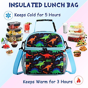 VASCHY Lunch Box Bag for Kids, Insulated Double Compartments Cooler Lunch Tote for Toddlers Boys Girls School/Daycare/Picnic Black Dinos