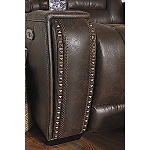 Signature Design by Ashley Game Zone Faux Leather Adjustable Power Reclining Sofa with Cup Holders and Storage, Brown