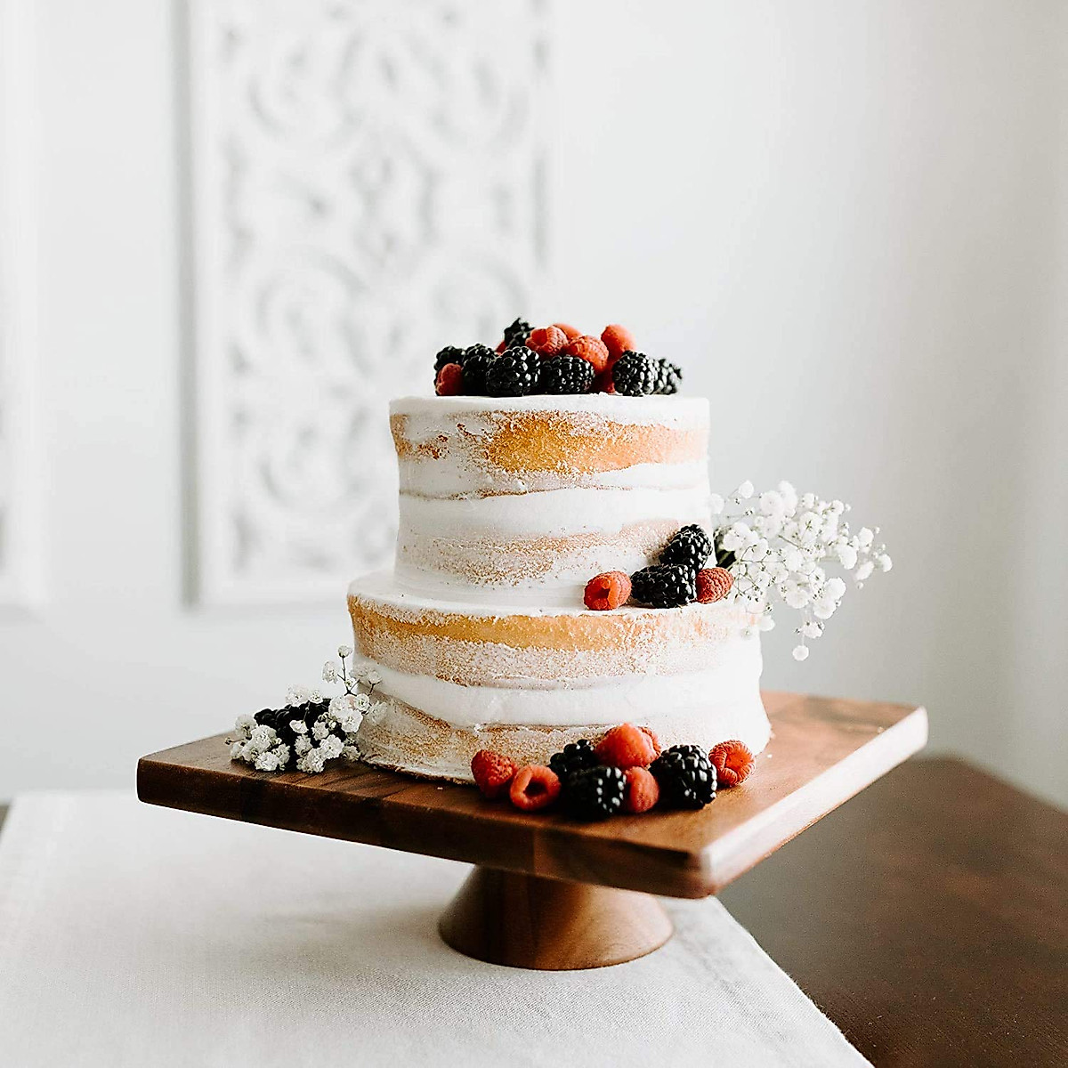 Villa Acacia Wood Cake Stand, 11 Inch Square Display with Wooden Pedestal, Small and Mini Cakes