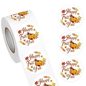 Heyfibro 500 PCS Happy Fall Y'all Stickers, 1.5 Inch Thanksgiving Stickers Label for Packing, Party, Bags, Boxes（Pumpkin）