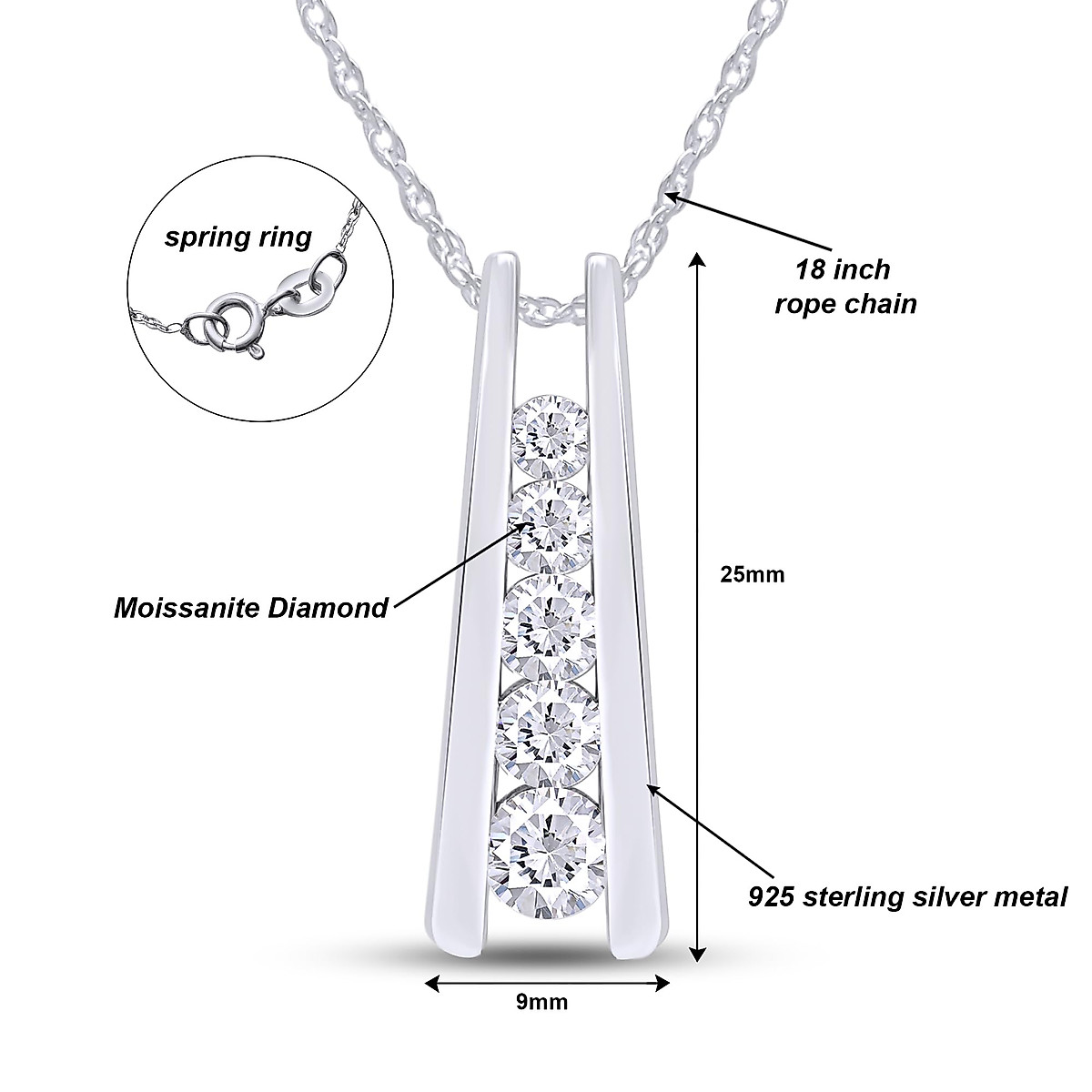 1.25 Carat Round Cut Lab Created Moissanite Diamond Five Stone Journey Bar Pendant Necklace In 14k White Gold Plated 925 Sterling Silver Jewelry With 18" Chain)
