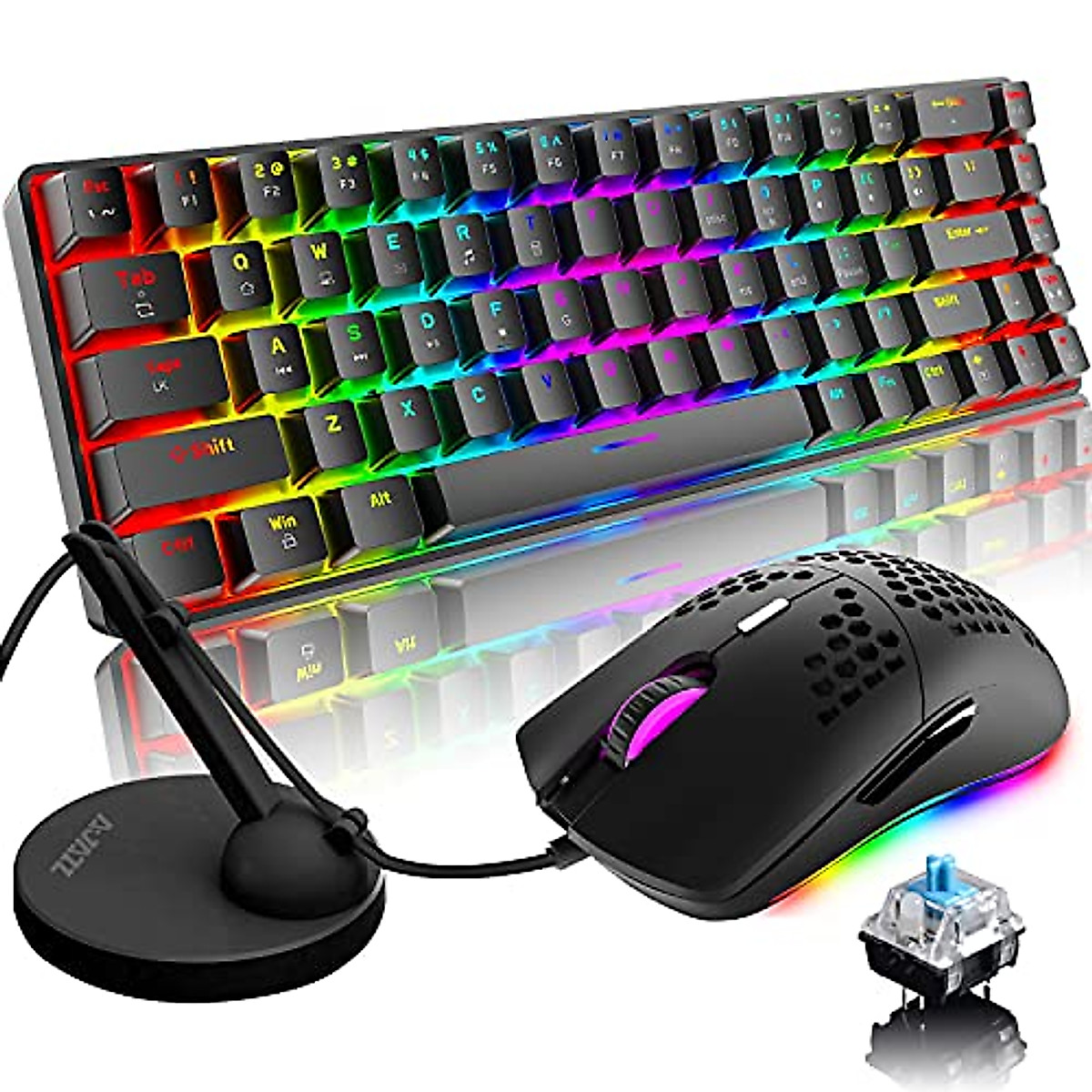 LexonElec 60% Mechanical Gaming Keyboard and Mouse Combo with Mouse Bungee Mouse Pad,Mini 68 Keys Wired Type C 18 Backlit Effects,Lightweight RGB 6400DPI Honeycomb Mice(Black/Blue Switch)