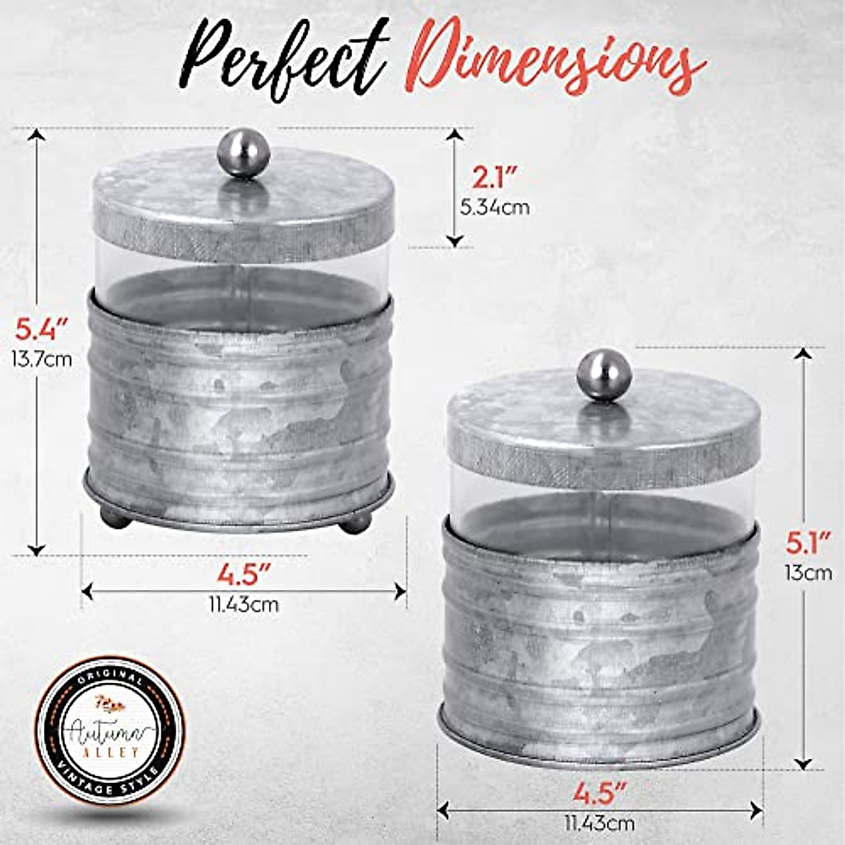 Autumn Alley Galvanized Bathroom Apothecary Jars Set, Farmhouse Bathroom Jars Qtip Holder Glass Dispenser- Rustic Vanity Organizer with Lids for Cotton Balls, Swabs, Rounds, Bath Salts 2-Glass Jars