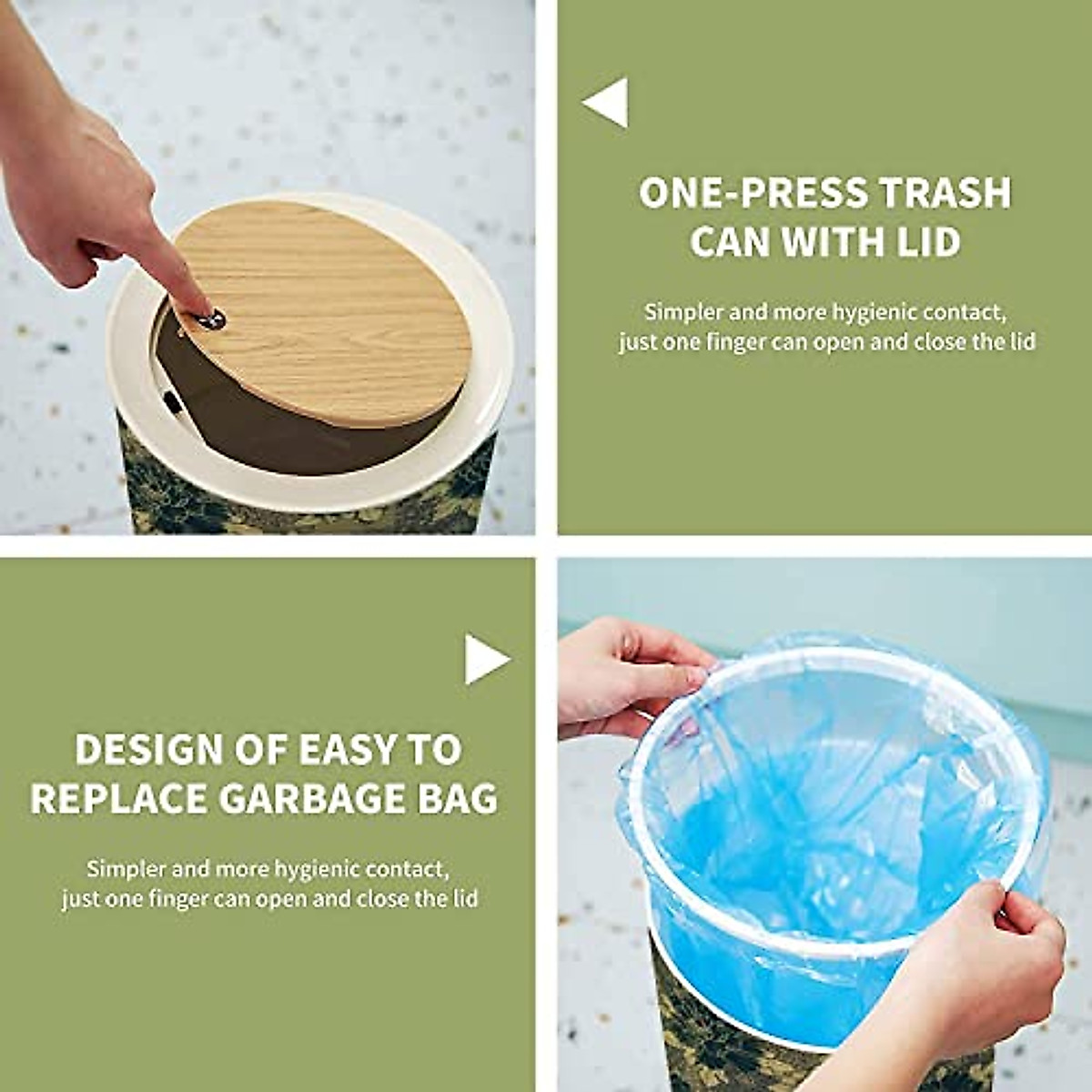 IBPNKFAZ89 Small Trash Can with Lid Japanese Peony Flowers with Traditional Fabric Patchwork Abstract Garbage Bin Wood Waste Bin Press Cover Round Wastebasket for Bathroom Bedroom Office Kitchen