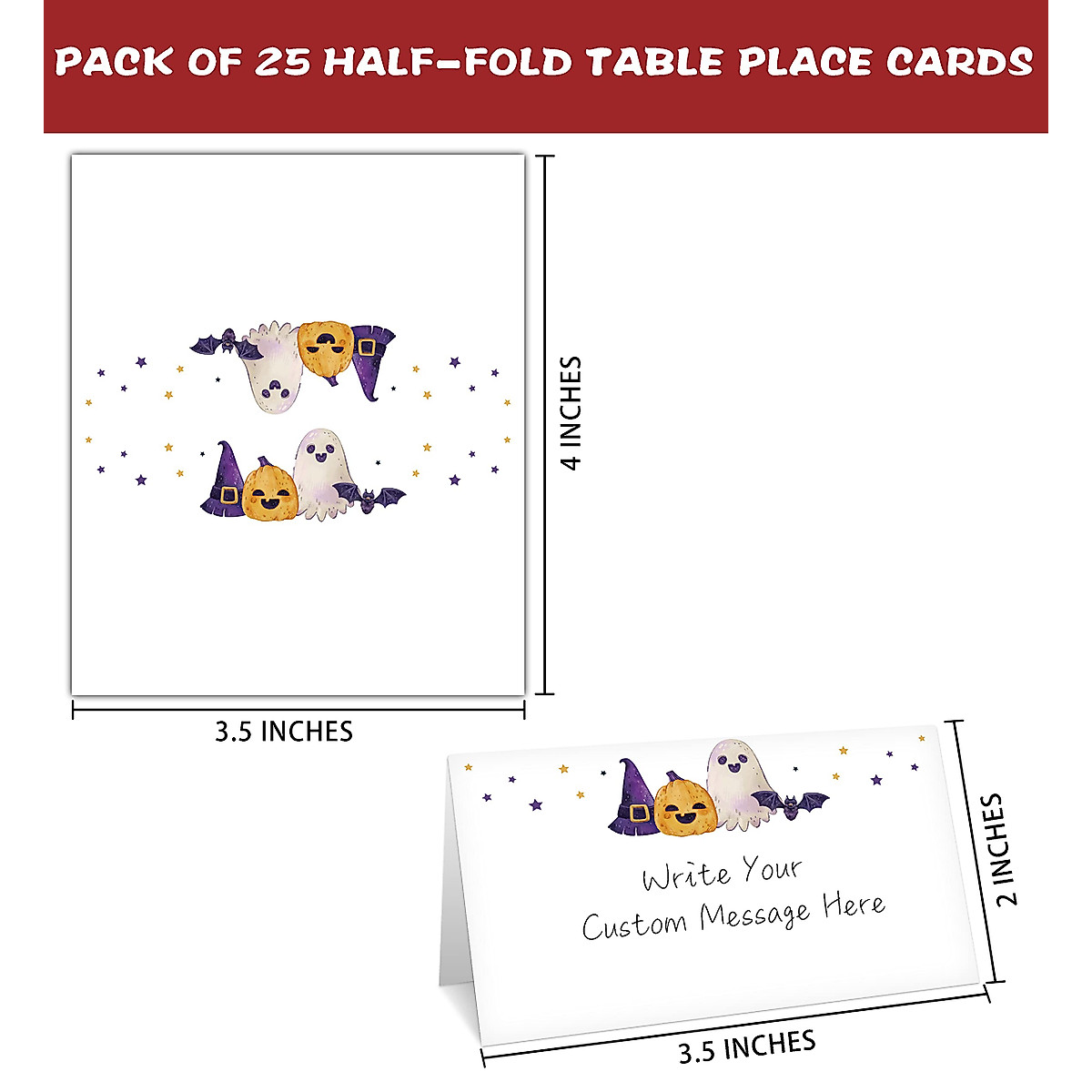 Halloween Table Place Card, 25 Pcs Tent Style Cards Set with Pumpkin and Ghost, Editable Name Cards for Table Seating, Scored for Easy Folding, Food Lables for Halloween Party (01)