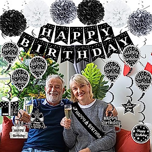 Birthday Decorations Black Silver White, Happy Birthday Party Decorations for Women Girls Men Boys, Happy Birthday Banner, Double-Sided Bday Pattern Card, Birthday Sash, 9 Pompoms, 6 Hanging Swirl Set