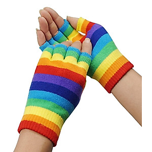 Bienvenu Unisex Half Finger Gloves Kint Convertible Fingerless Winter Mitten, Rainbow