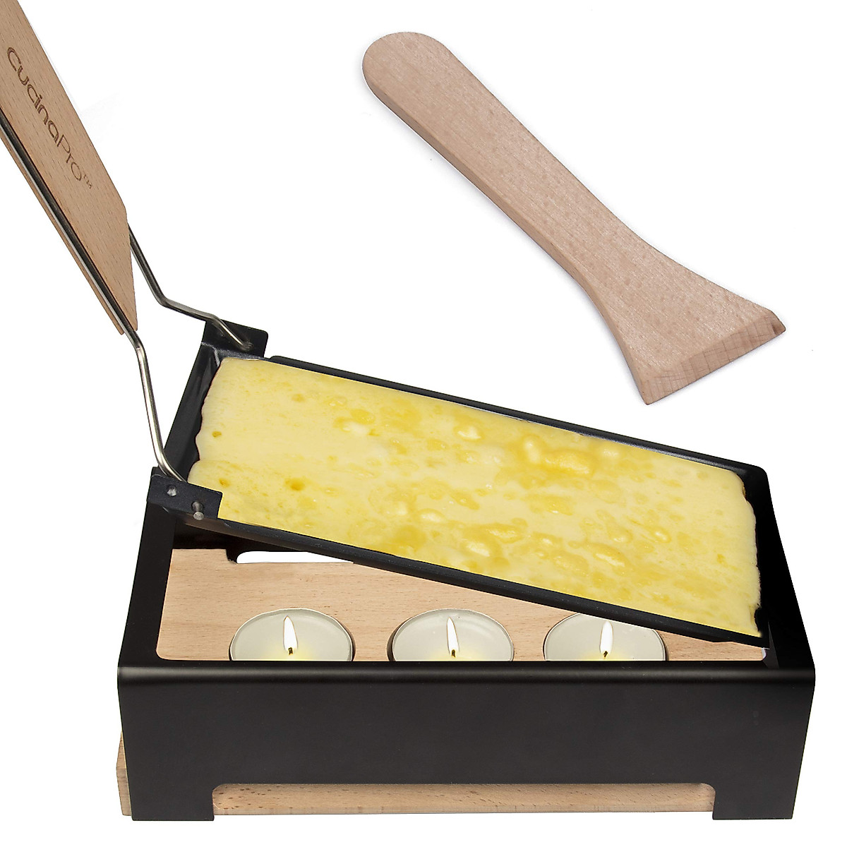 Cheese Raclette w Foldable Handle- Candlelight Cheese Melter Pan w Spatula and 3 Tea Light Candles - Melts in Under 4 Minutes, Small Portable, Great for Dinner Parties, Appetizers, Housewarming Gift