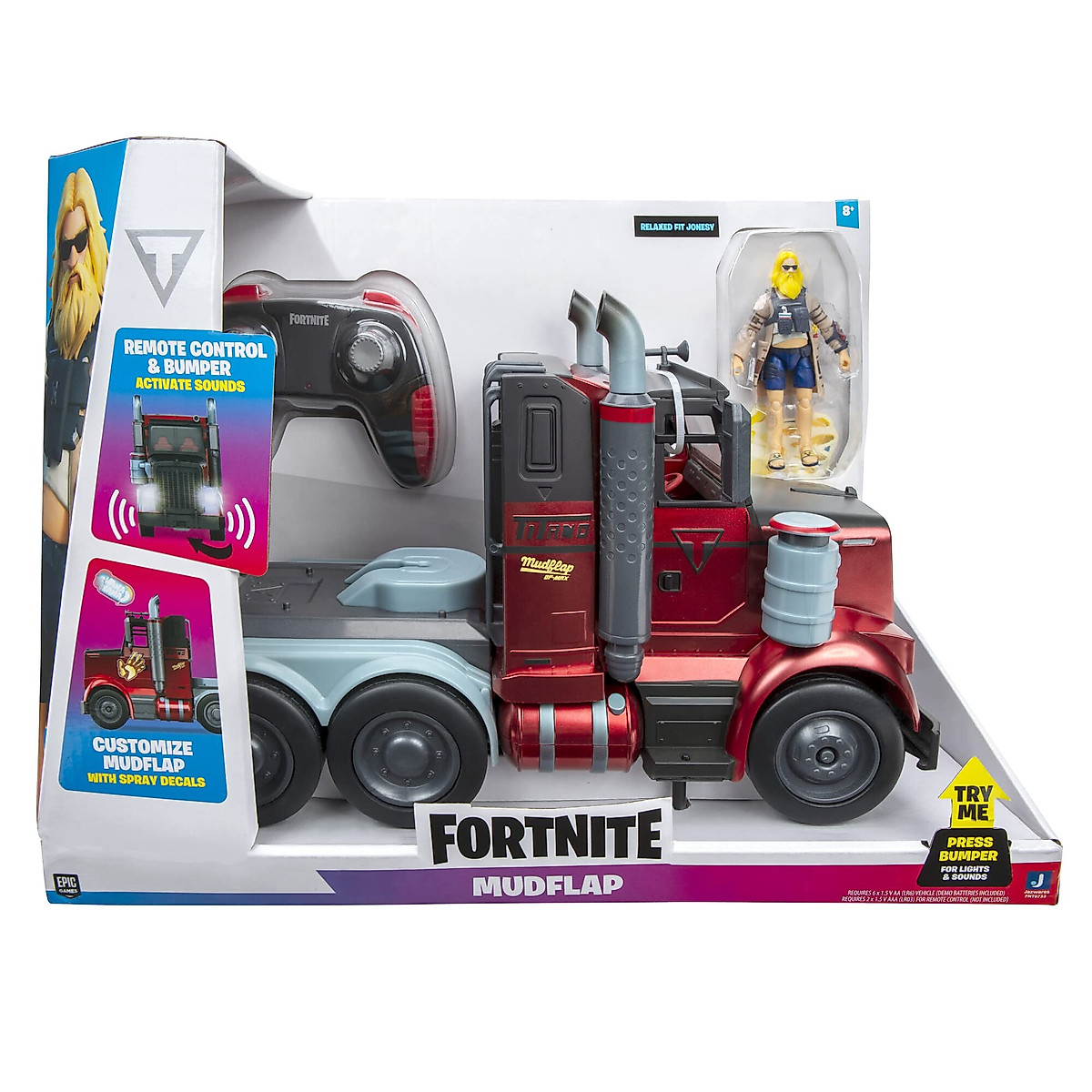 FORTNITE Feature Deluxe Mudflap RC Vehicle, Electronic Vehicle with 4-inch Articulated Relaxed Jonesy Figures and Accessory