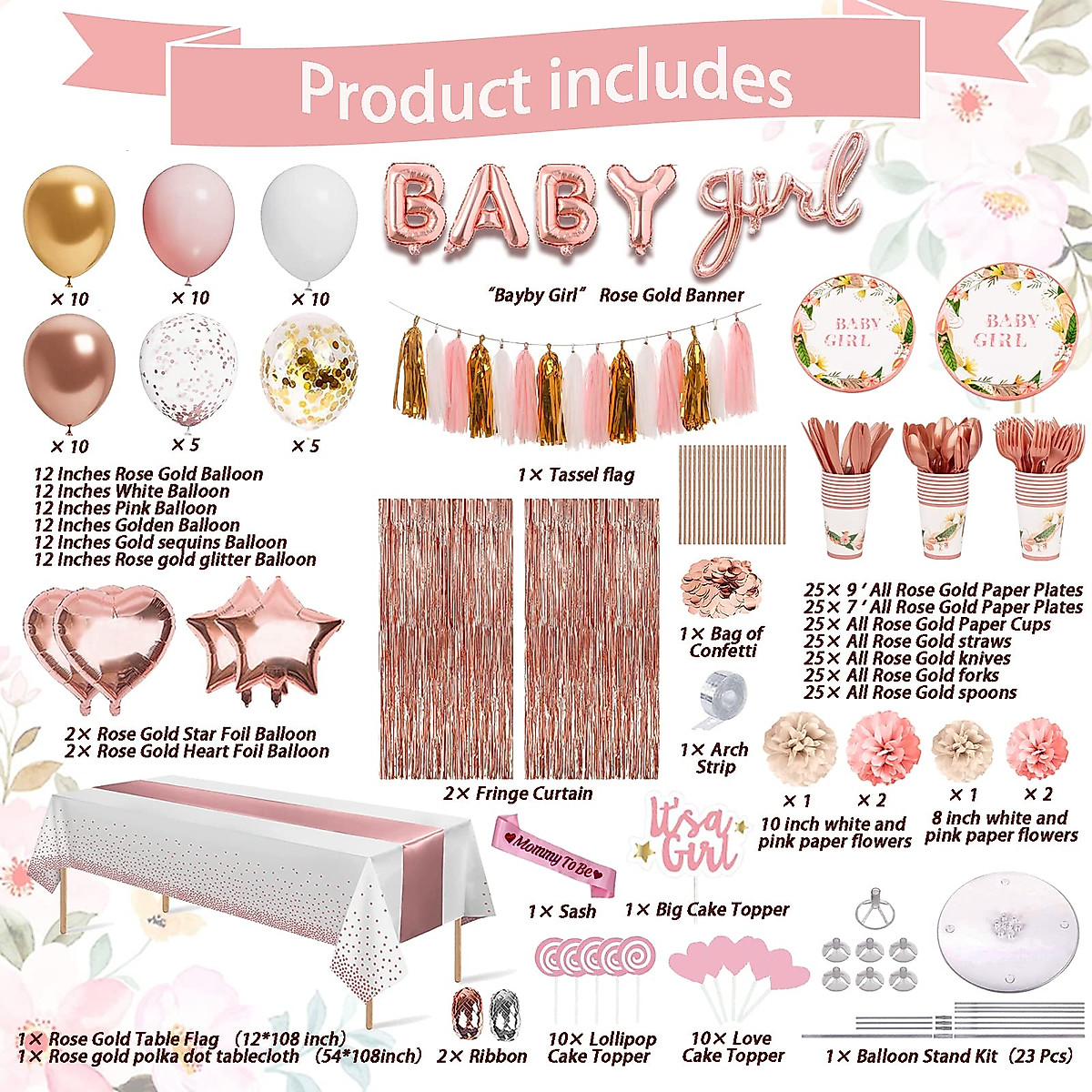 Guudmua 303 Pcs Baby Shower Decorations For Girl, Girl Baby Shower Decorations Kits - Disposable Dinnerware Set With Pink Rose Gold Floral (25 Guest), "BABY girl" Banner, Balloon, Sash, Cake Topper