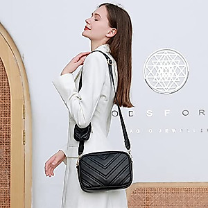 Herald Chevron Quilted Small Crossbody Bag with Coin Purse Pouch Women Square Snapshot Camera Side Shoulder 2 Size Handbag (Black)