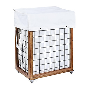 EVERBBKING Laundry Hamper with Wheels, Rolling laundry hamper with lid,acacia wood laundry cart, 2 section Laundry Basket, 75L capacity with Removable Liner Bag for laundry room,bedroom