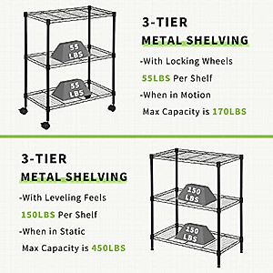YYkokocat Wire Shelving 32" H x 23W x 13D Storage Shelf with Wheels Adjustable 3 Tier Metal Shelves Unit for Small Places Kitchen Storage Rack Shelf Organizer, 450Lbs Capacity, Black