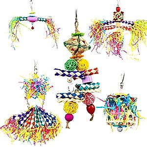 Bird Parrots Shredding Toys , 5PCS Parakeet Colorful Bamboo Hanging Toys Bird Foraging Toys for Small Medium Parrots Parakeets, Conures, Love Birds, Small Parakeets Cockatiels, Finches