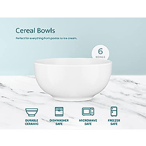 KooK Ceramic Cereal Bowls, Microwave, Dishwasher and Freezer Safe, Porcelain Dishes for Soup, Pasta, Salad, Oatmeal, Deep Interior, 24 oz (White 6 Inch)