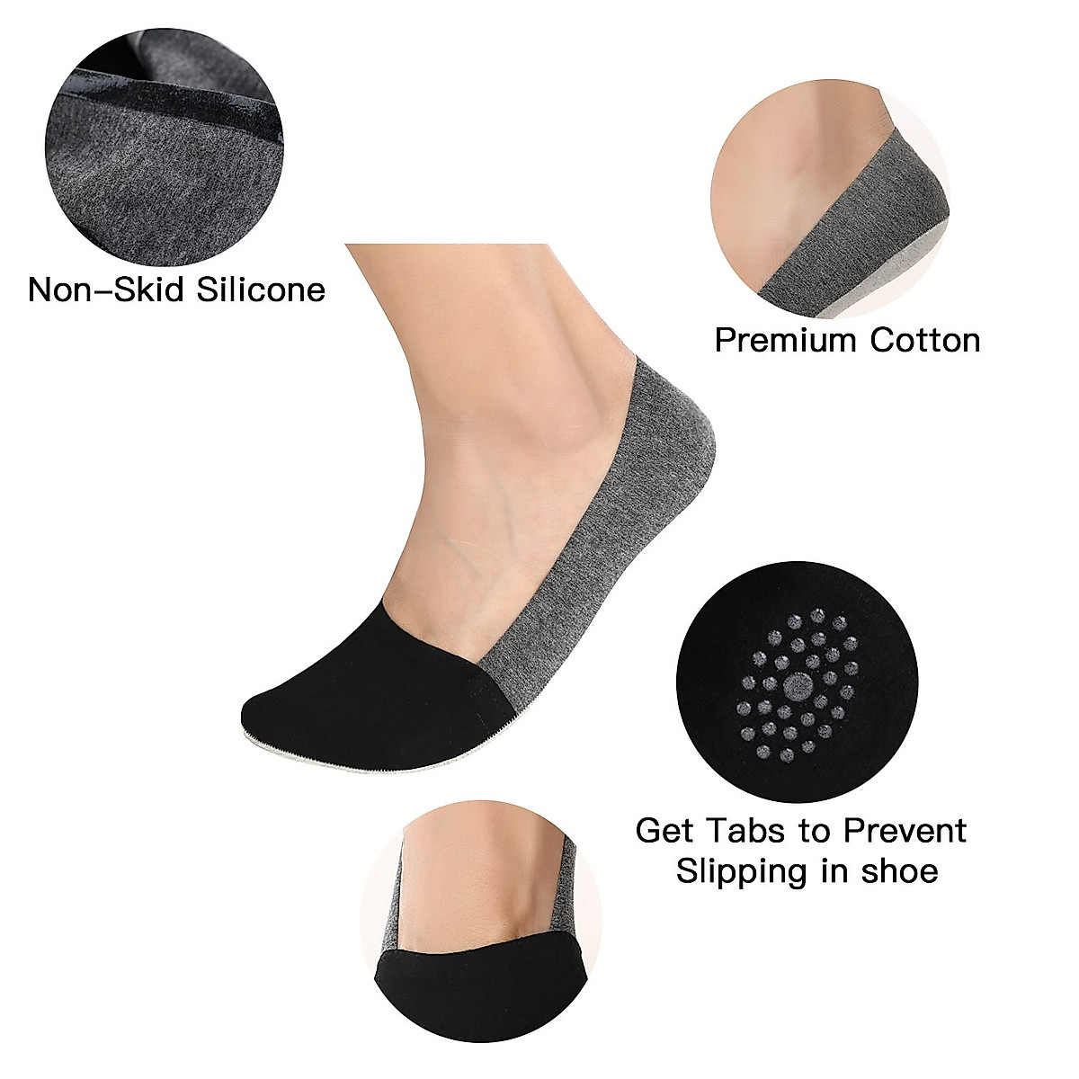 Joulli Casual No Show Liners Socks For Men 6 pack Non Slip Boat Socks,Black Gray,light Gray,Small