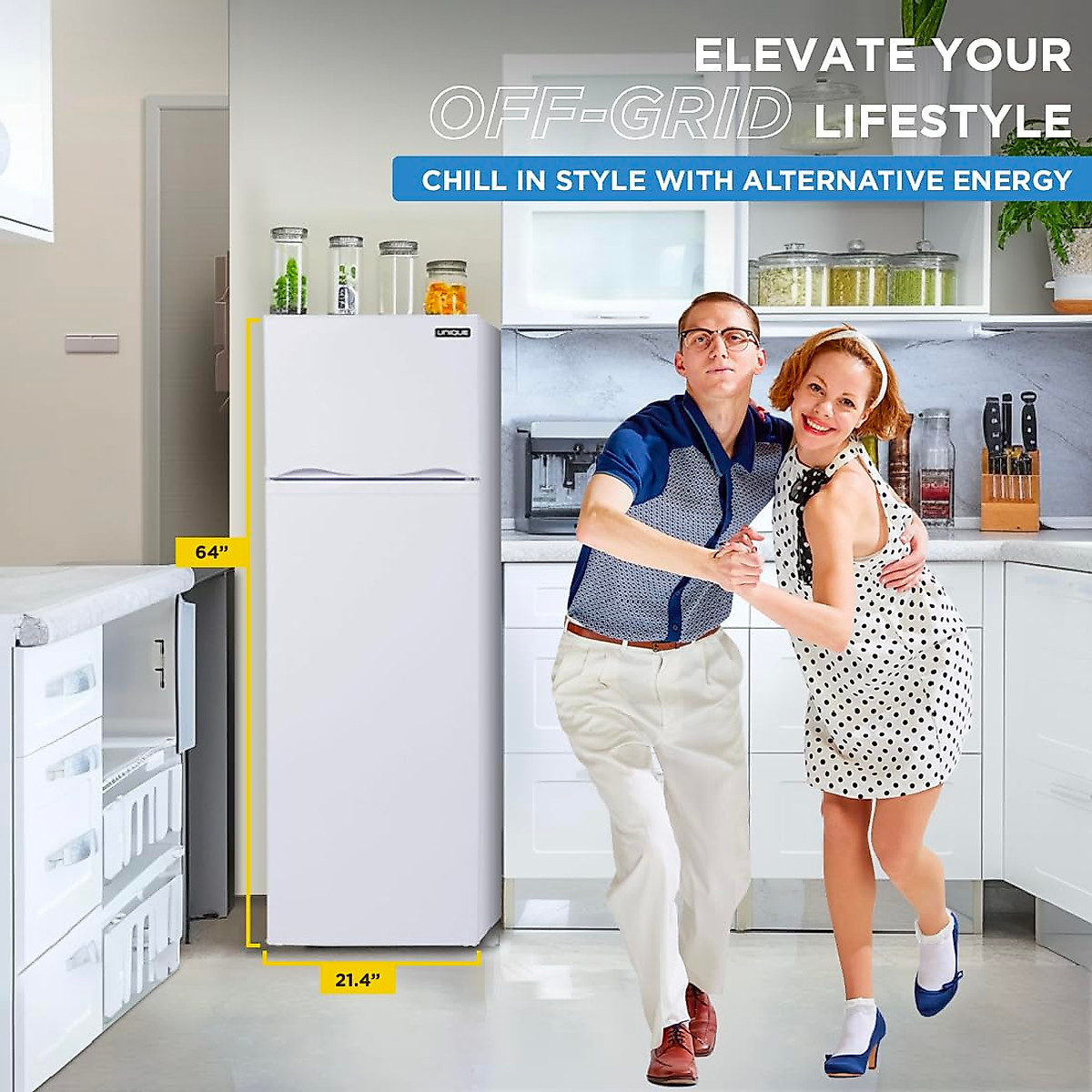 Unique Appliances UGP-260L W Solar Powered DC Refrigerator with Top Freezer Fridge for Bedroom, Campsite, and Off-Grid Locations, 9 cu./ft, White