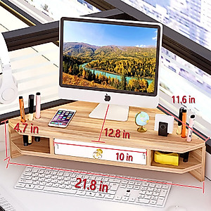 Triangle Monitor Riser,Corner Computer Monitor Stand with Drawer,Wooden Triangle Save Space Desktop Computer Stand with Office Organization,Desktop Corner Shelf with Drawers Wooden Laptop Stand Riser