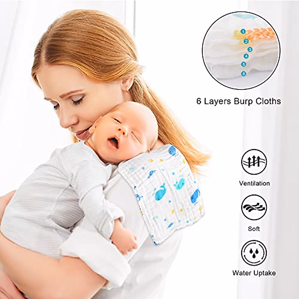 JULBEAR 6 Pack Burp Cloths for Baby, Toddler Burp Cloths Large 20 ×10 Inches Organic Cotton Muslin Burp Cloths for Boys & Girls, Newborn Towel Absorbent Burping Rag