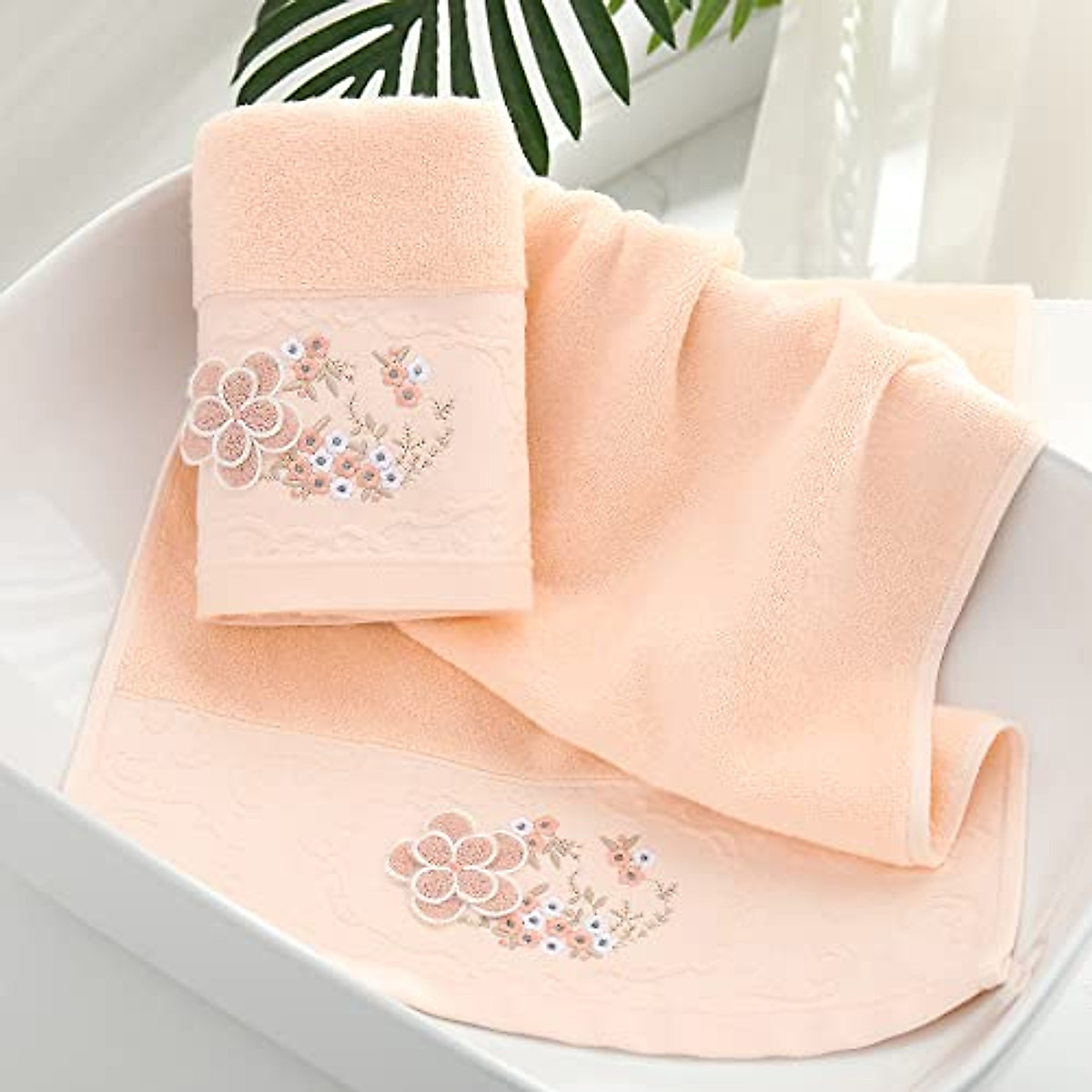 YiLUOMO Pink Hand Towels Set of 2 Stereoscopic Flower Embroidered Decorative 100% Cotton Super Soft Highly Absorbent Terry Hand Towels for Bathroom Gift 13 x 29 Inch
