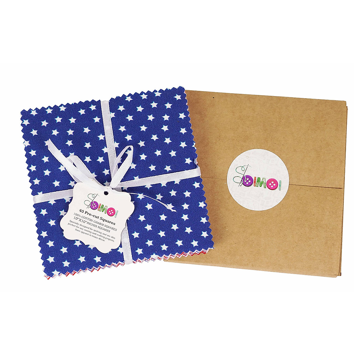 Soimoi Precut 10-inch American Flag Prints Cotton Fabric Bundle Quilting Squares Charm Pack DIY Patchwork Sewing Craft- Red, Blue & White