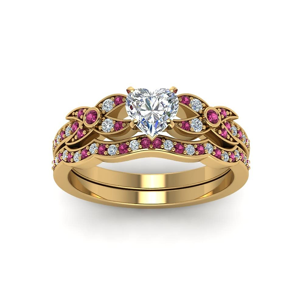 CustomizedGifts Flower Pave Diamond Wedding Ring Set yellow gold plated Created Pink Sapphire Heart shape Pink color Wedding Ring Sets bezel Setting in Size 4 Handcraft Chakra Healing