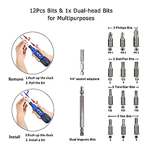 Terokota 3.6V Cordless Power Screwdriver, USB Rechargeable Electric Screwdriver with Philips, Flat, Hex, Star Bits, 1/4Socket Adapters, Magnetic Dual Heads Bit & LED Light