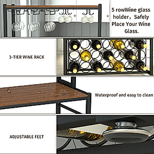 FIDVEKL Wine Rack Freestanding Floor, 5-Tier Industrial Wine Rack Freestanding Floor with Glass Holder and Wine Storage for Home Kitchen Dining Room, Rustic Brown