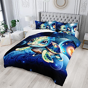 AILONEN 3D Sea Turtle Comforter Set Full Size, Cute Turtle Blue Space Galaxy Planet Bedding Set for Room Decor,Kawaii Kids Boys Girls Ocean Turtle Quilt with 2 Pillowcases,3 Pieces